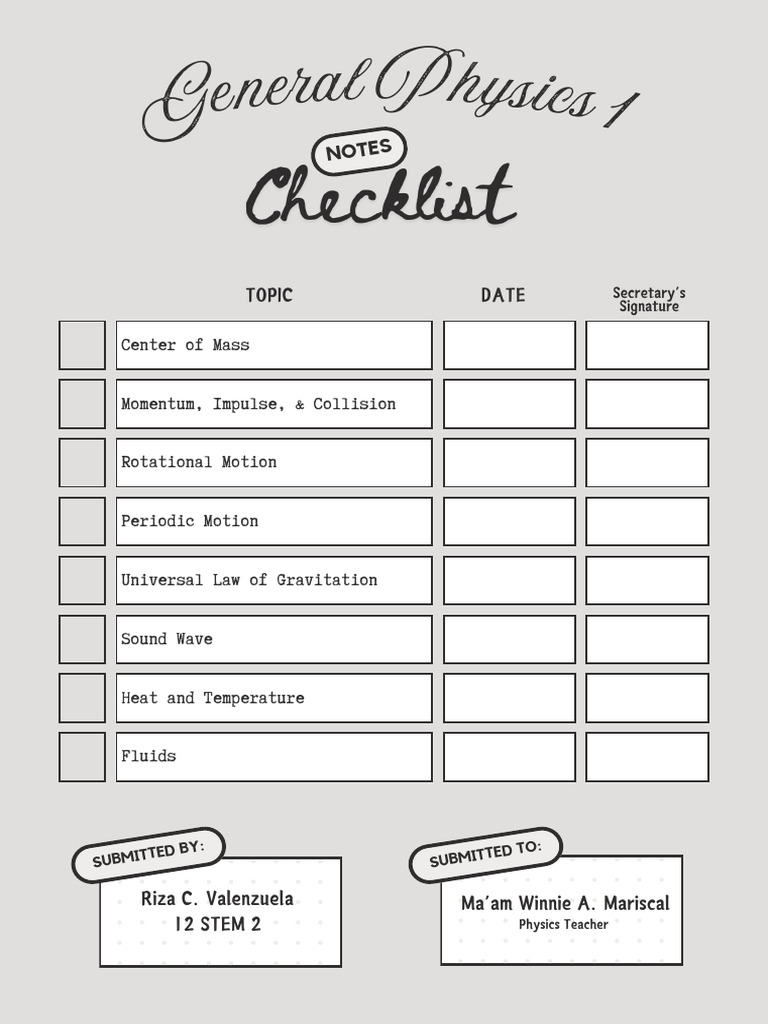Notes Checklist Gen Physics 1 | PDF