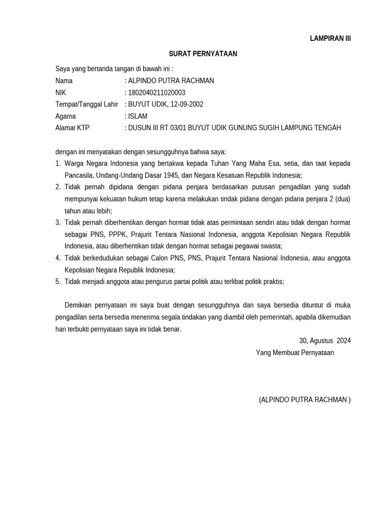 SURAT PERNYATAAN LAMPIRAN III | PDF