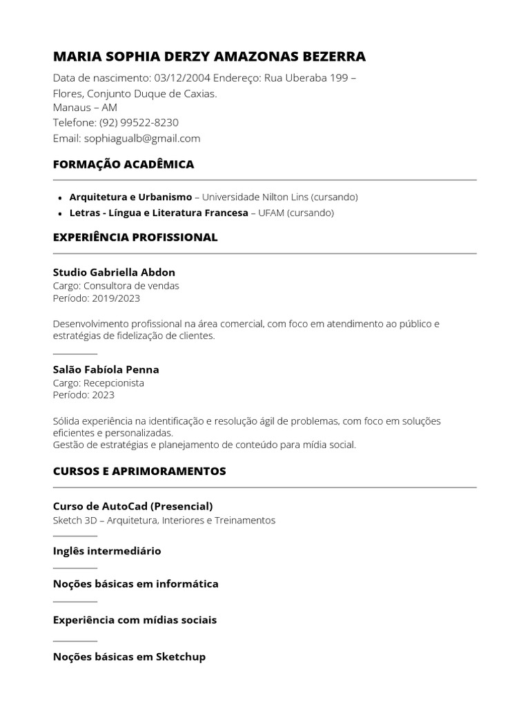 CV MARIA SOPHIA DERZY AMAZONAS B. | PDF