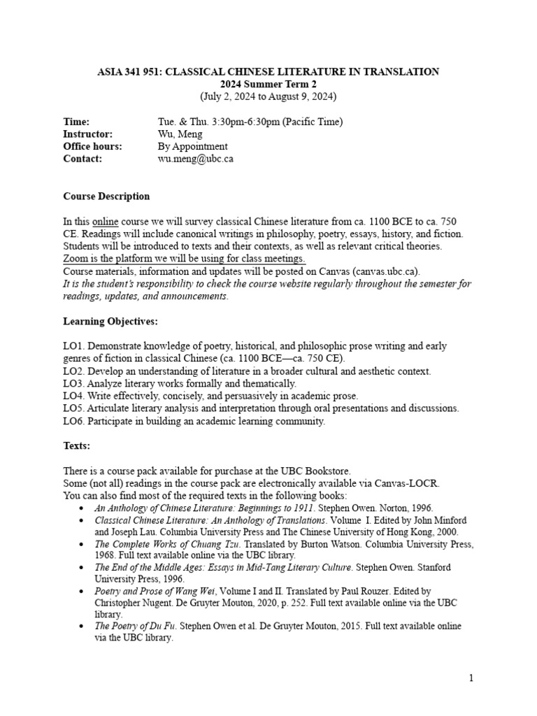 Classical Chinese Lit Course 2024 | PDF | Chinese Literature