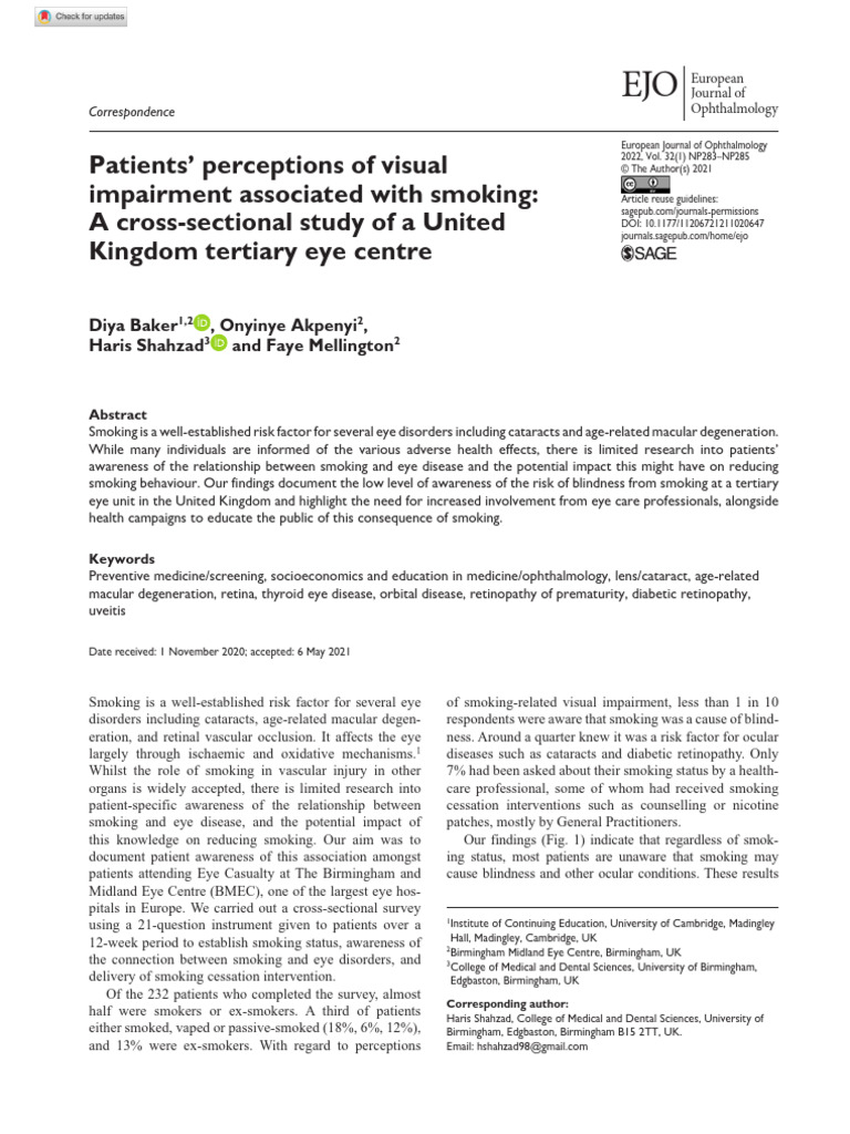 Baker Et Al 2021 Patients Perceptions of Visual Impairment Associated With Smoking A Cross ...