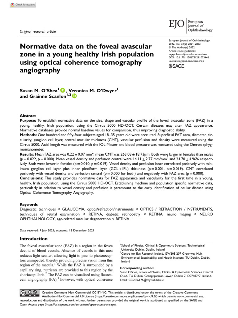 O Shea Et Al 2022 Normative Data On The Foveal Avascular Zone in A Young Healthy Irish ...