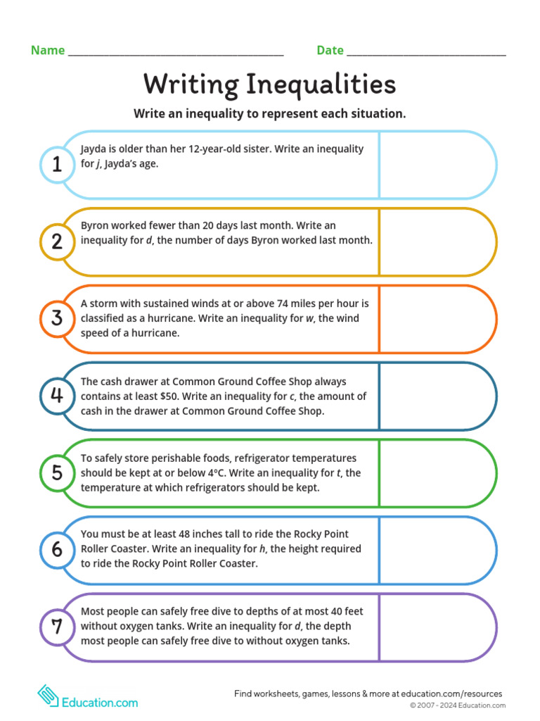 Writing Inequalities Practice Worksheet | PDF