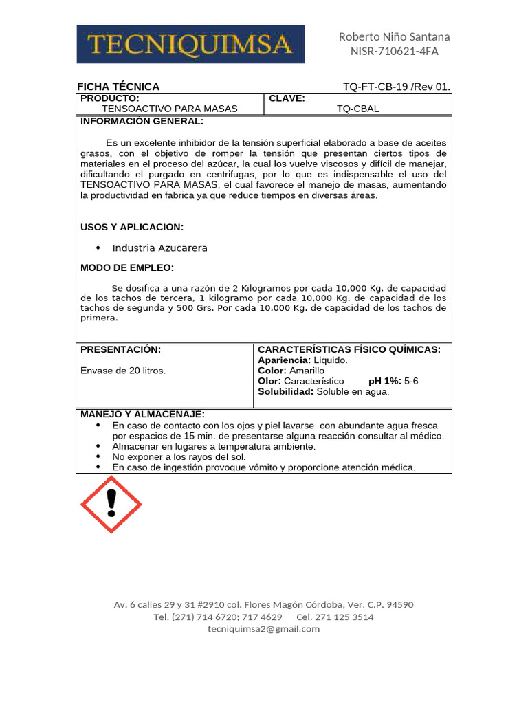 Tensoactivo para Masas en Industria Azucarera | PDF