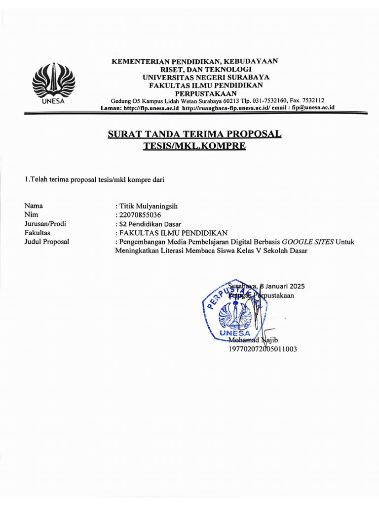 Surat Tanda Terima Proposal Tesis Perpustakaan FIP | PDF