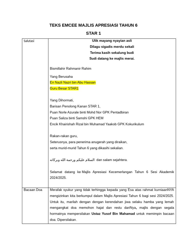 TEKS EMCEE MAJLIS APRESIASI TAHUN 6 2024 | PDF