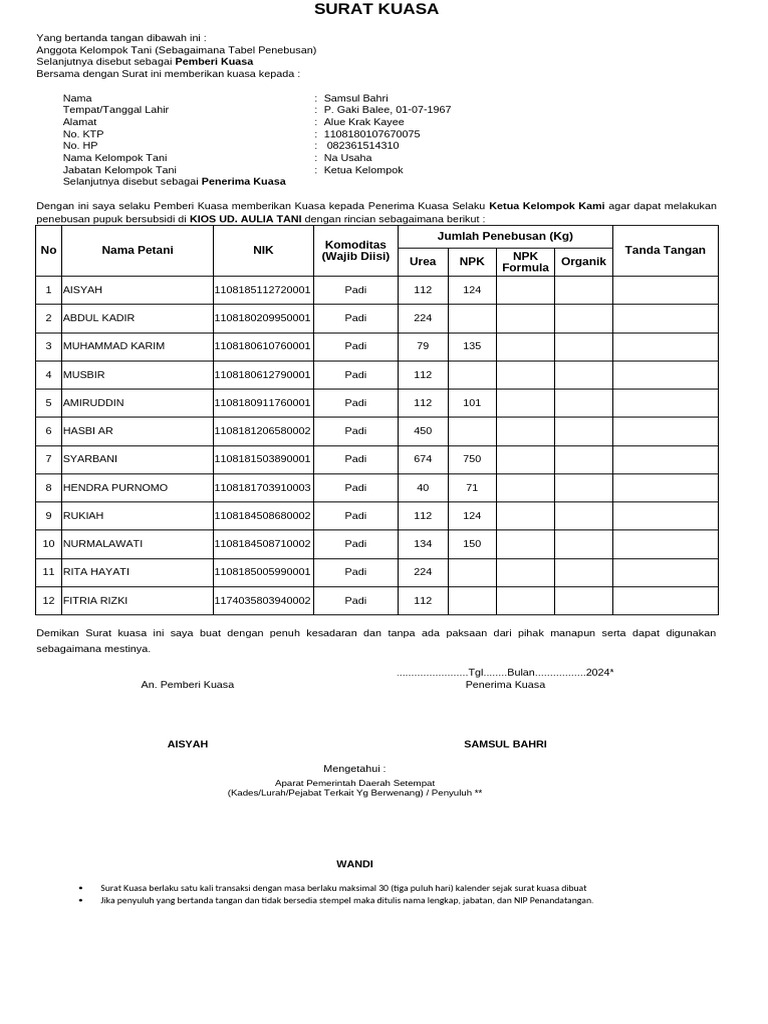 Form Surat Kuasa Engambilan Pupuk Subsidi | PDF