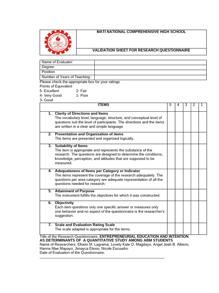 Validation Sheet For Research Questionnaire g4 | PDF | Questionnaire ...