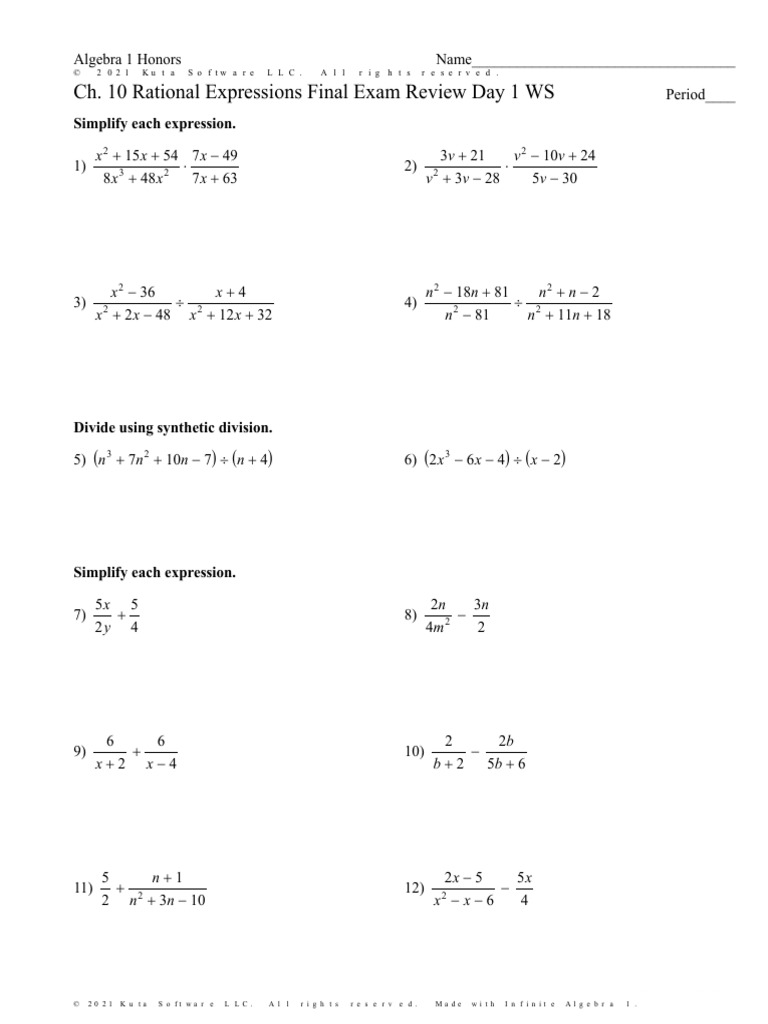 Ch. 10 Rational Expressions Final Exam Review Day 1 WS | PDF