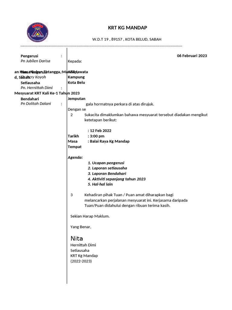 Surat Jemputan Mesyuarat KRT Kali Pertama | PDF