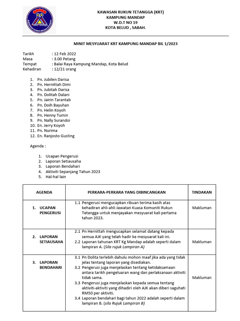 Minit Mesyuarat KRT Bil 1 2023 | PDF