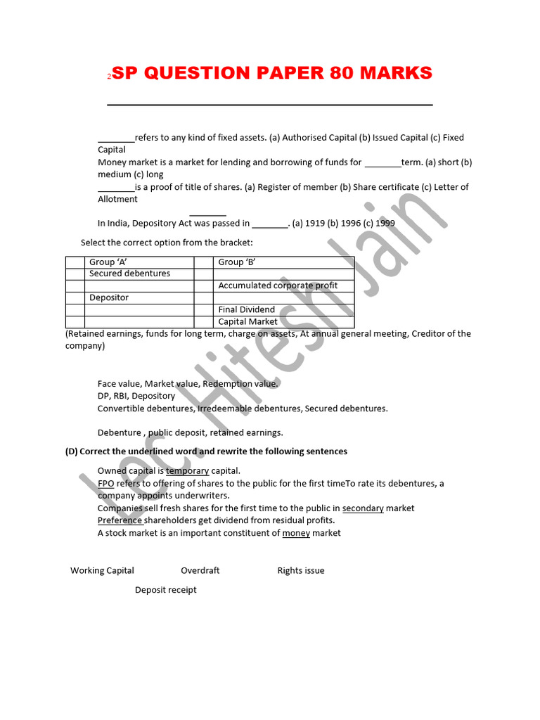 2sp Question Paper 80 Marks | PDF | Dividend | Share (Finance)