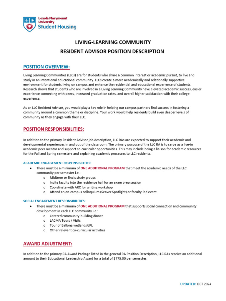 25-26 LLC Resident Advisor Position Description | PDF | Learning ...