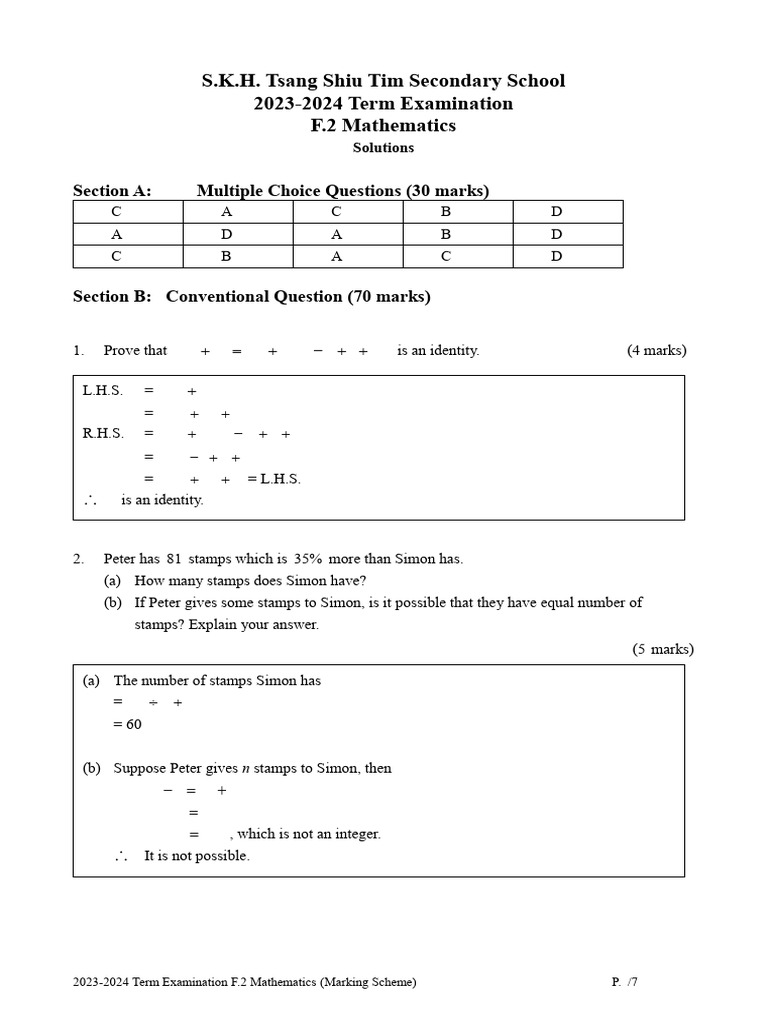 F.2 Mathematics Exam Marking Scheme 2023-2024 | PDF | Length | Mathematics