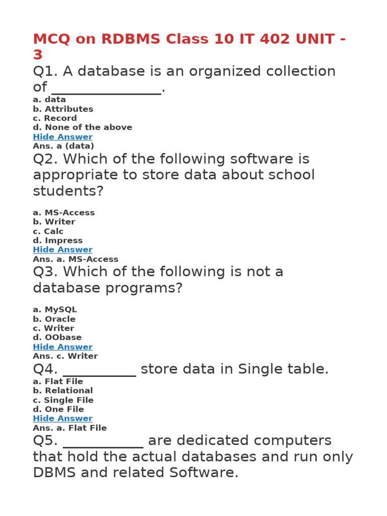 MCQ On RDBMS Class 10 IT 402 UNIT | PDF | Relational Database | Sql