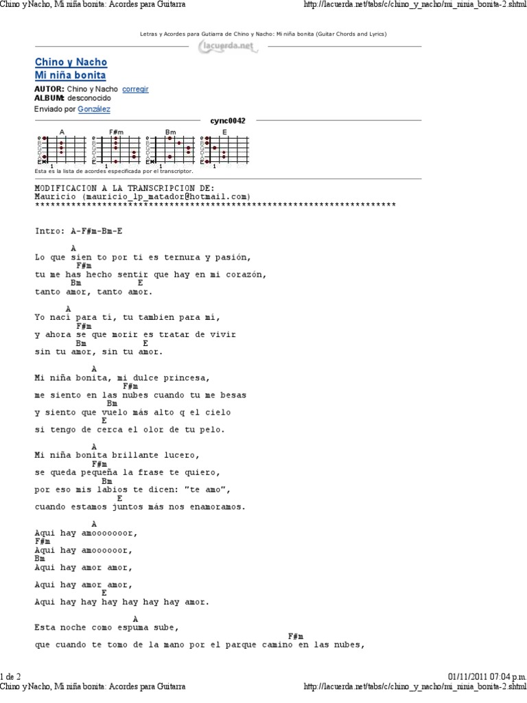 Chino y Nacho, Mi Niña Bonita - Acordes para Guitarra | PDF ...