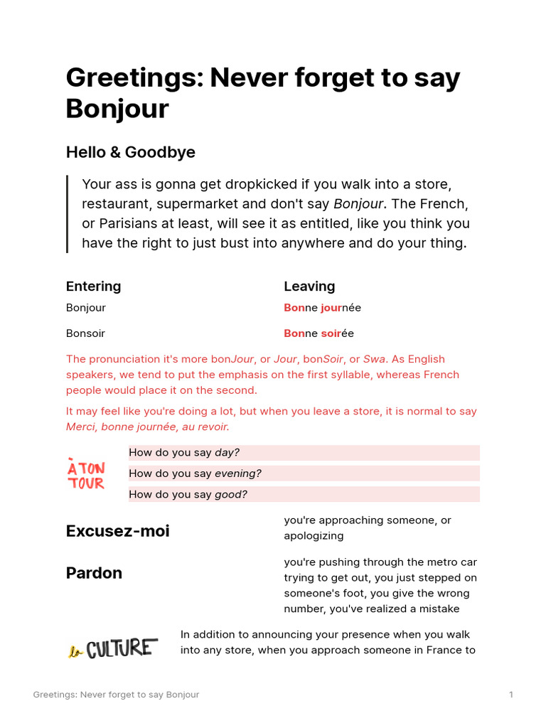 Greetings Never Forget To Say Bonjour | PDF | Linguistics