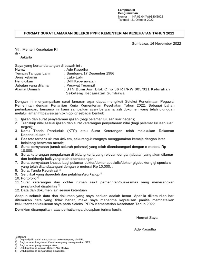 3 Lampiran III Format Surat Lamaran CPPPK | PDF