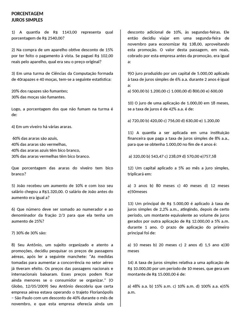 porcentagem e juros simples | PDF | Juros | Economias