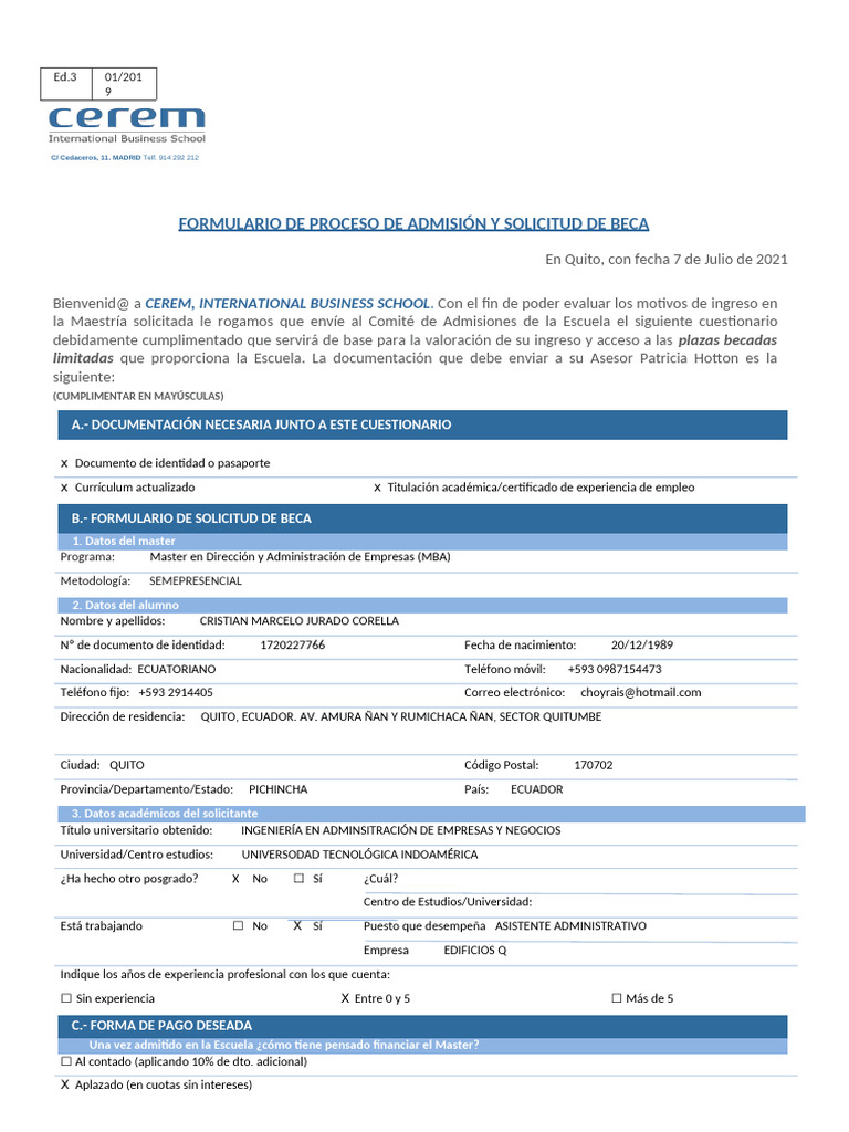 Formulario de Admisión y Solicitud Beca 2021 | PDF