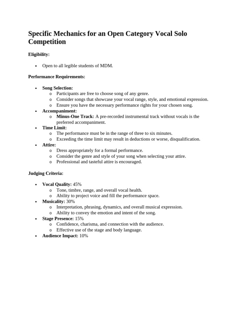 Open Category Vocal Solo Competition Guide | PDF | Choir | Songs