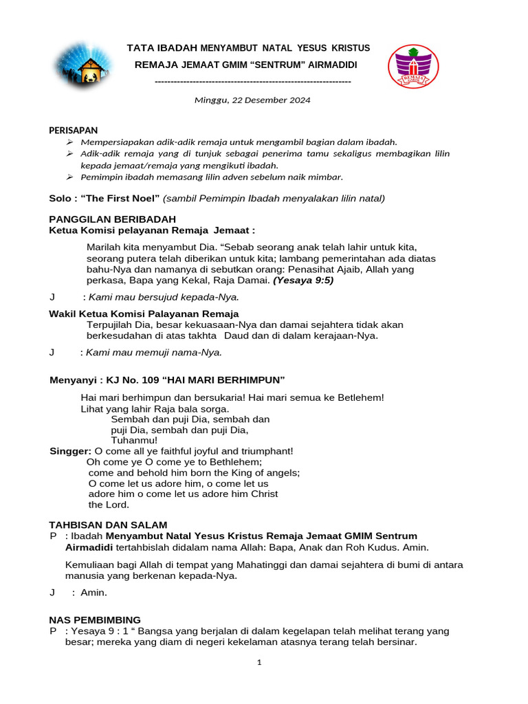 Tata Ibadah Menyambut Natal Yesus Kristus Remaj 2024 | PDF