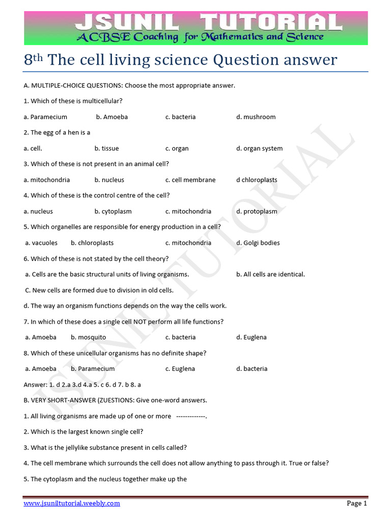 8th Cell Structure and Function Living Science Answer | PDF | Cytoplasm ...
