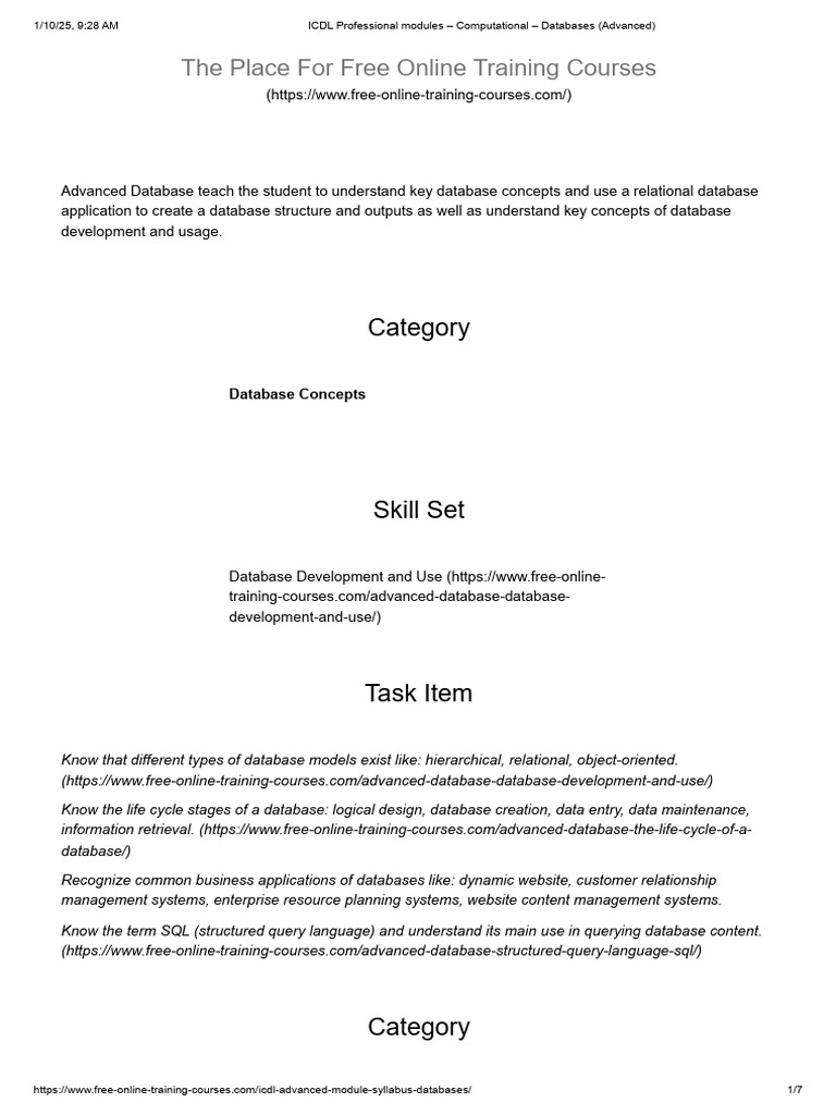 ICDL Professional modules – Computational – Databases (Advanced) | PDF | Databases | Relational ...