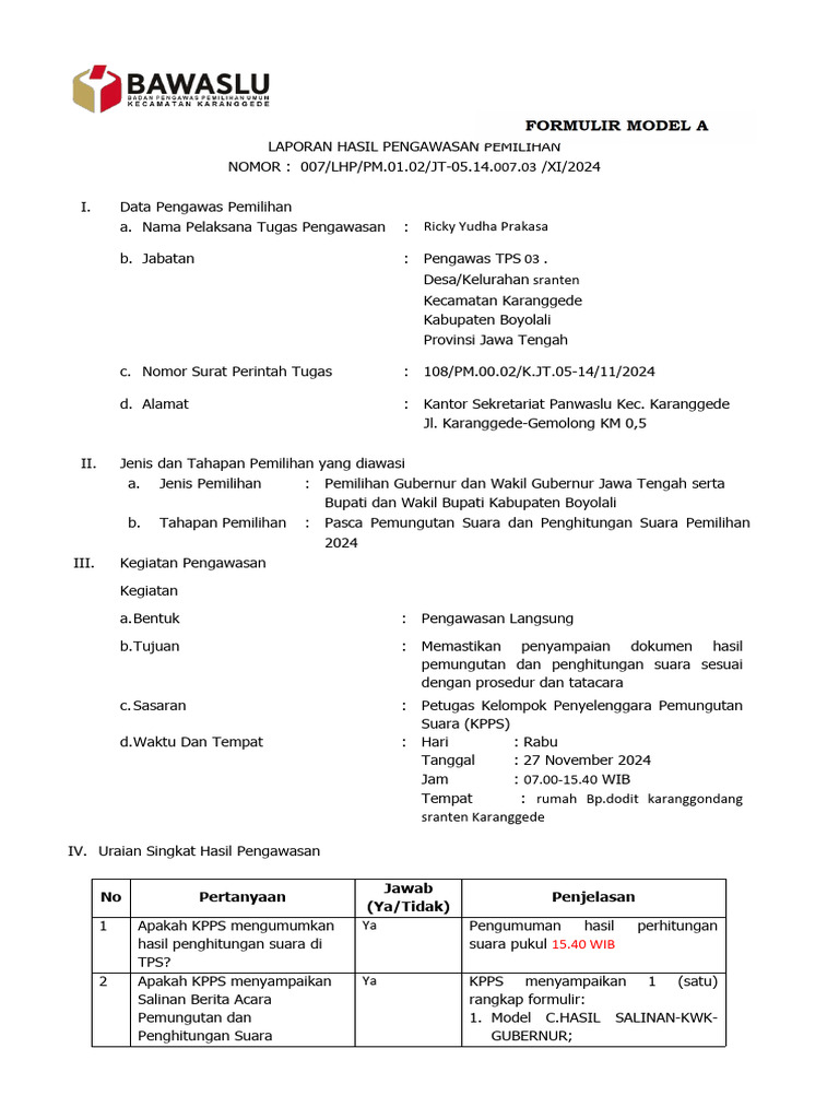 Form A Pengawasan Pilkada 2024 - (Pasca Pemungutan Dan Penghitungan ...
