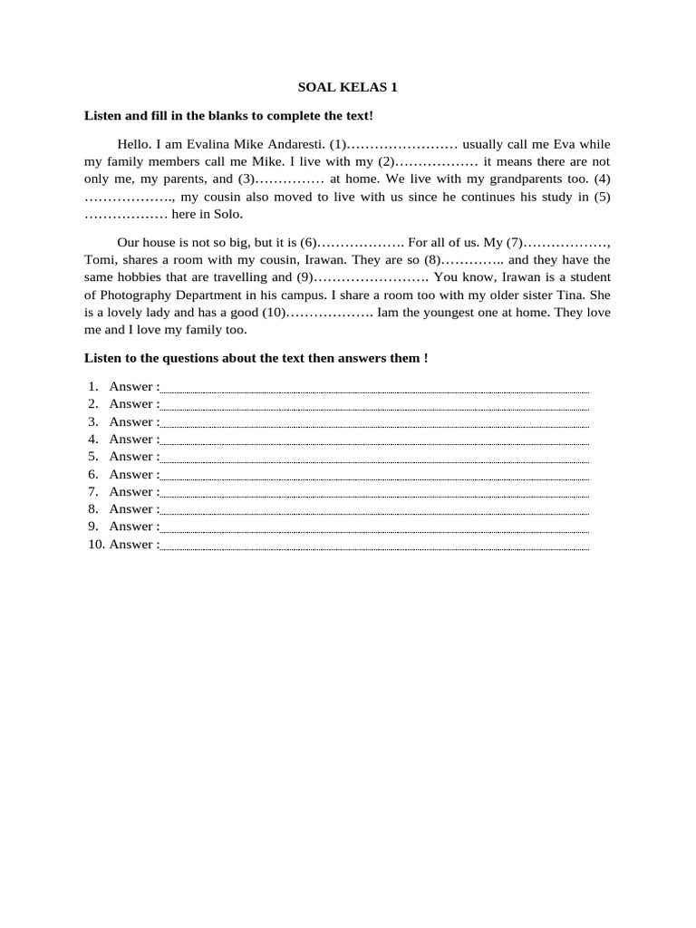 Soal B. Ingg Kelas 1 Dan 2 | PDF