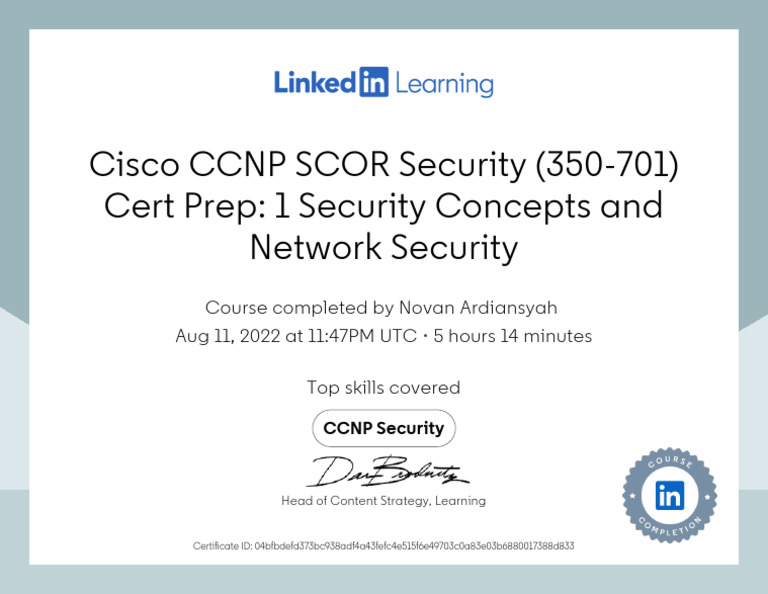 CertificateOfCompletion - Cisco CCNP SCOR Security 350701 Cert Prep 1 Security Concepts and ...
