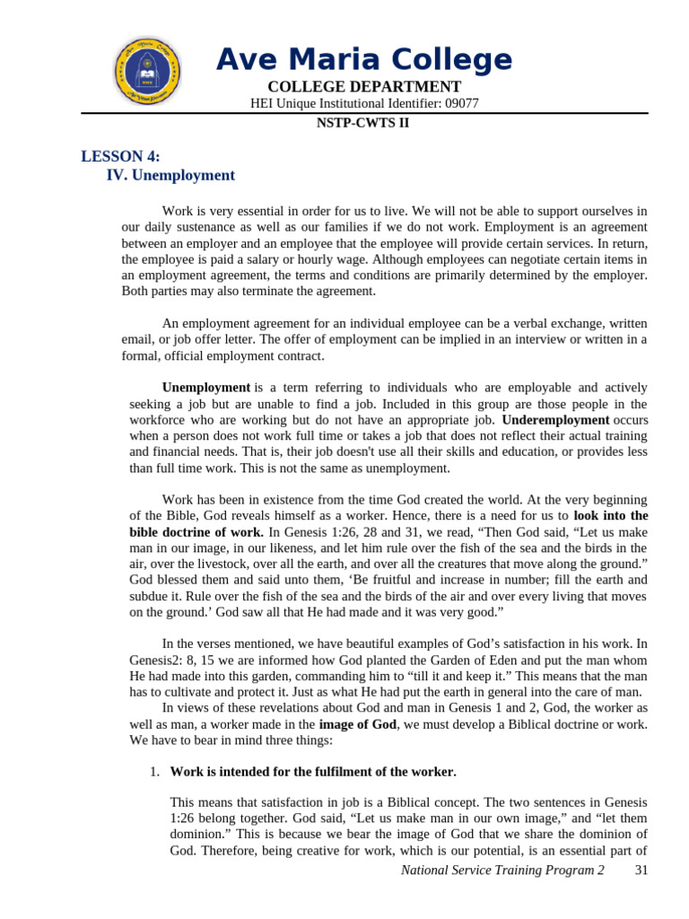 NSTP CWTS 2 Input and Output - Week 4 | PDF | Unemployment | Employment