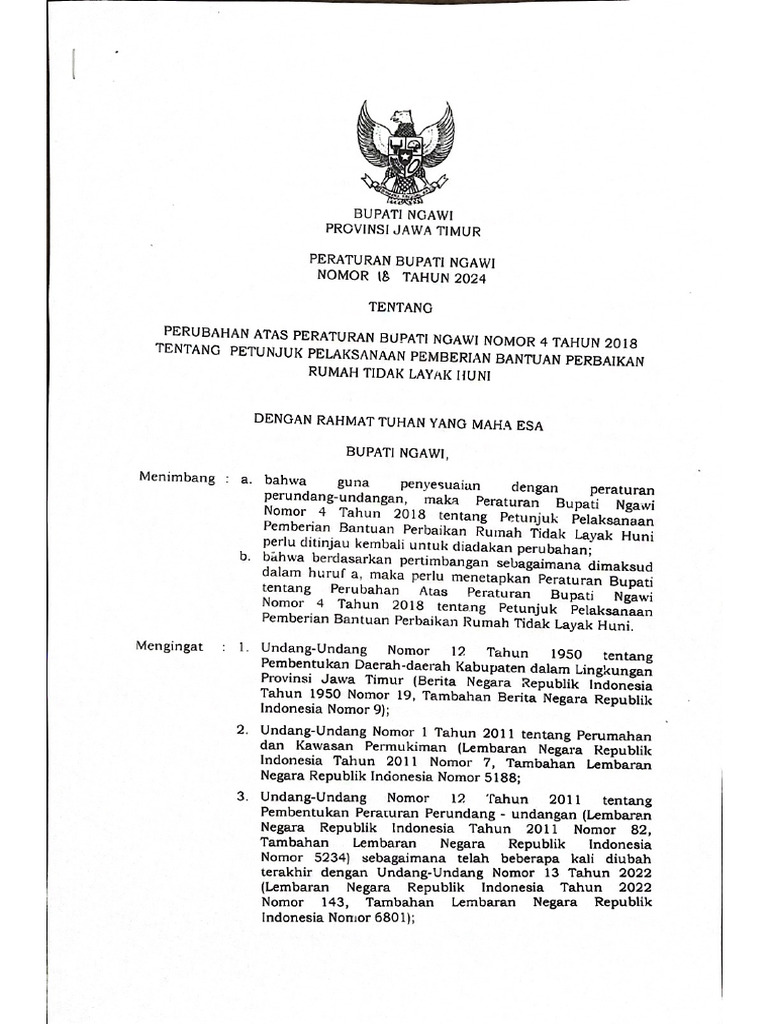 Perbup 18 Tahun 2024 Tentang PERUB RTLH | PDF