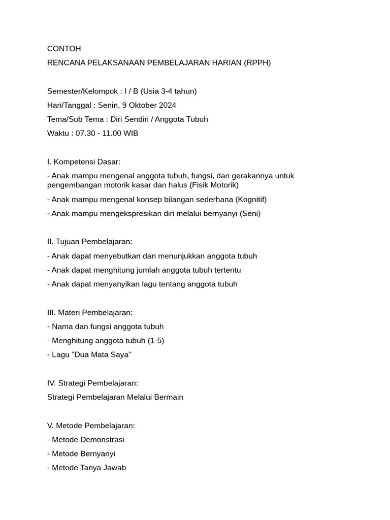 CONTOH RENCANA PELAKSANAAN PEMBELAJARAN HARIAN (RPPH) | PDF