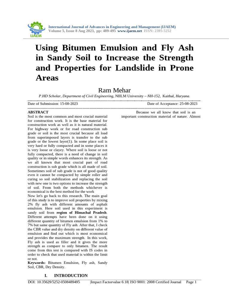 Using Bitumen Emulsion and Fly Ash in Sandy Soil To Increase The Strength and Properties For ...