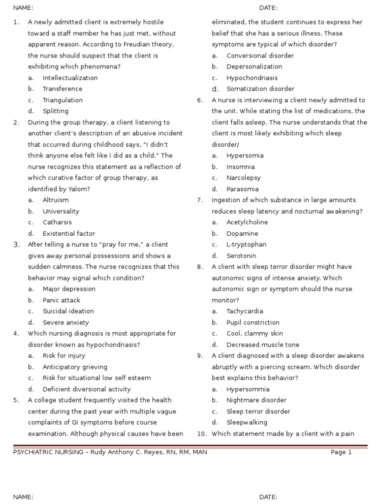 Psychiatric Nursing2 Questions) | PDF | Mania | Mental Disorder