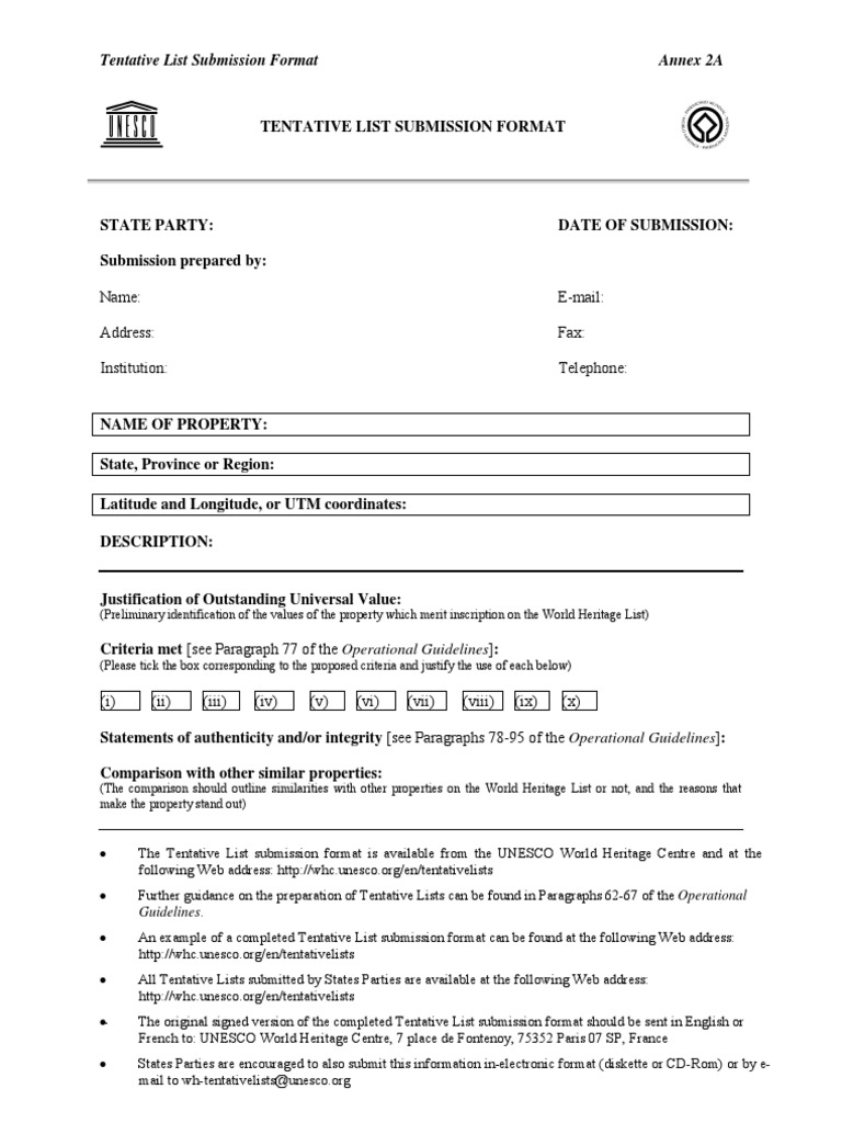 UNESCO Tentative List Submission Form | PDF | World Heritage Site ...