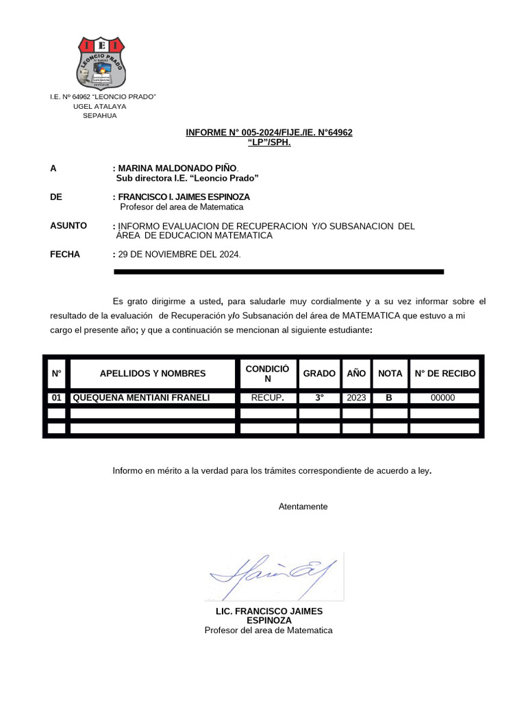 Informe-De-Examen-De-Subsanacion Del Area de Matematica | PDF