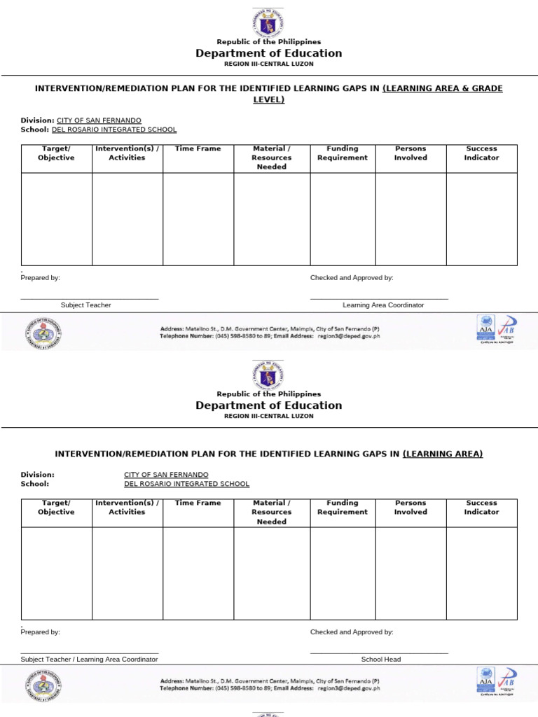 Template-Intervention-Remediation Plan for the Identified Learning Gaps | PDF