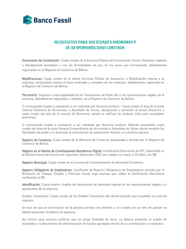 Requisitos Sociedades Anónimas y Responsabilidad Limitada | PDF