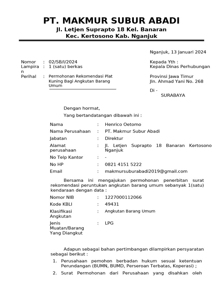 Contoh - Surat Permohonan Rekomendasi Angkutan Barang Umum | PDF