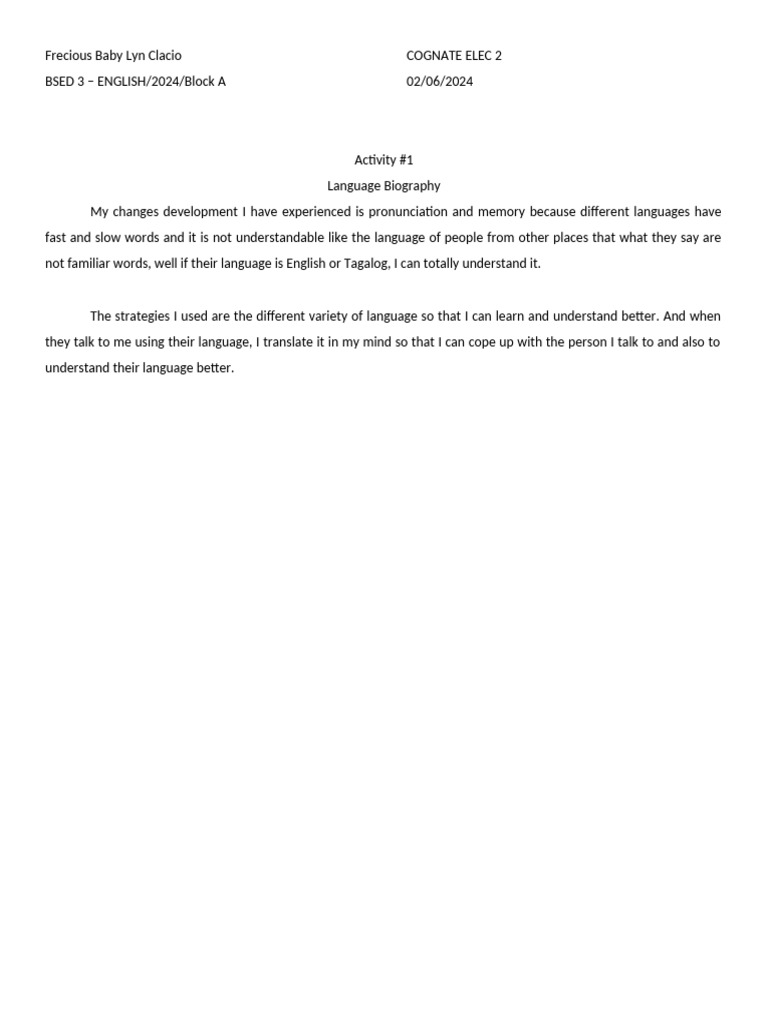 COGNATE ELEC 2 - Clacio, Frecious Baby Lyn | PDF