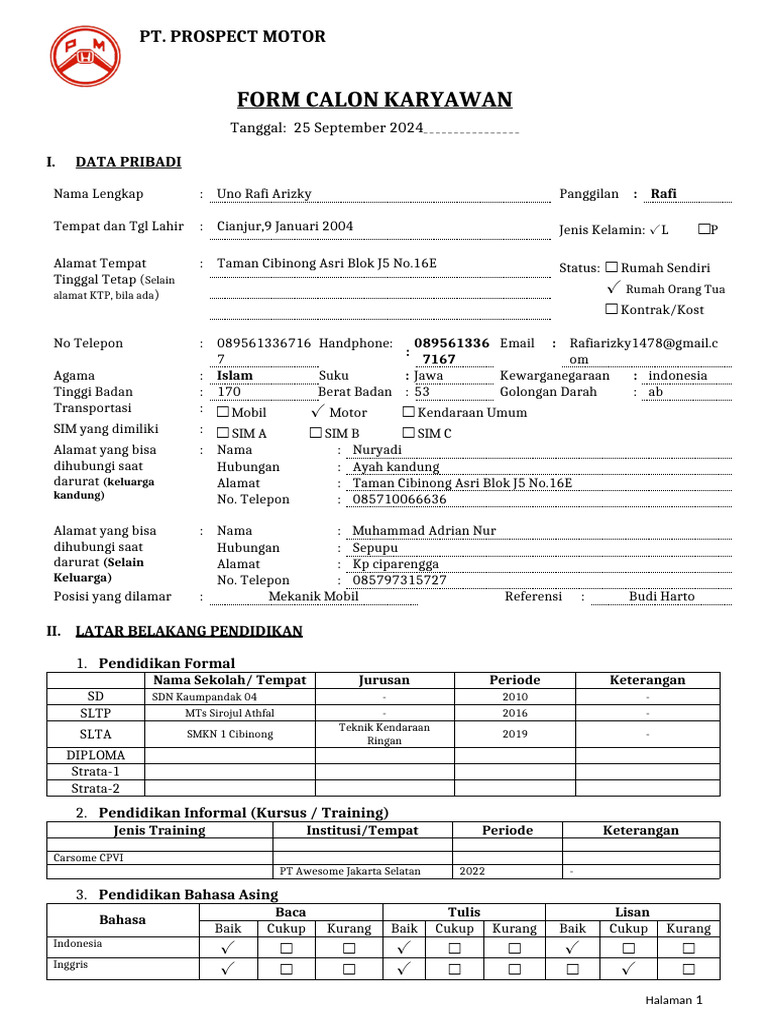 Form Calon Karyawan | PDF