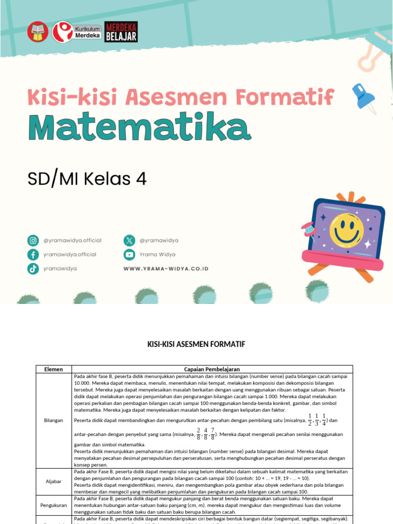 Kisi-Kisi Asesmen Formatif Matematika SD Kelas 4 | PDF