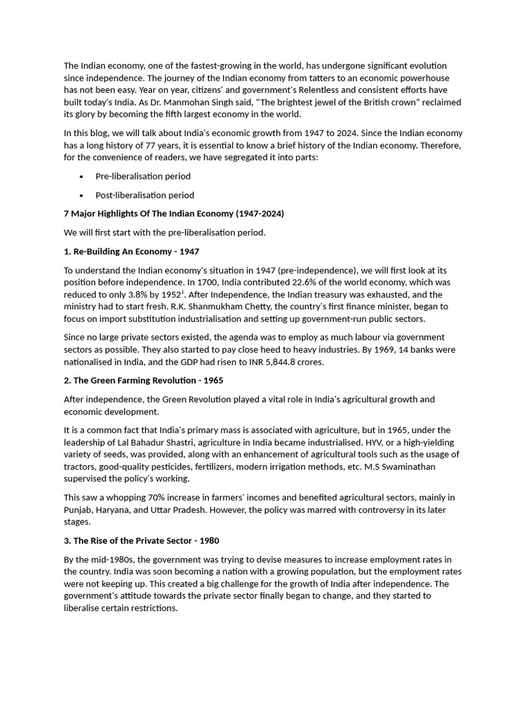 7 Major Highlights of The Indian Economy (1947-2024) | PDF | Economy Of ...