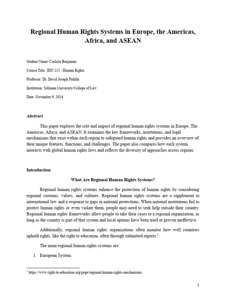 Regional Human Rights Systems - Europe The Americas Africa and ASEAN ...