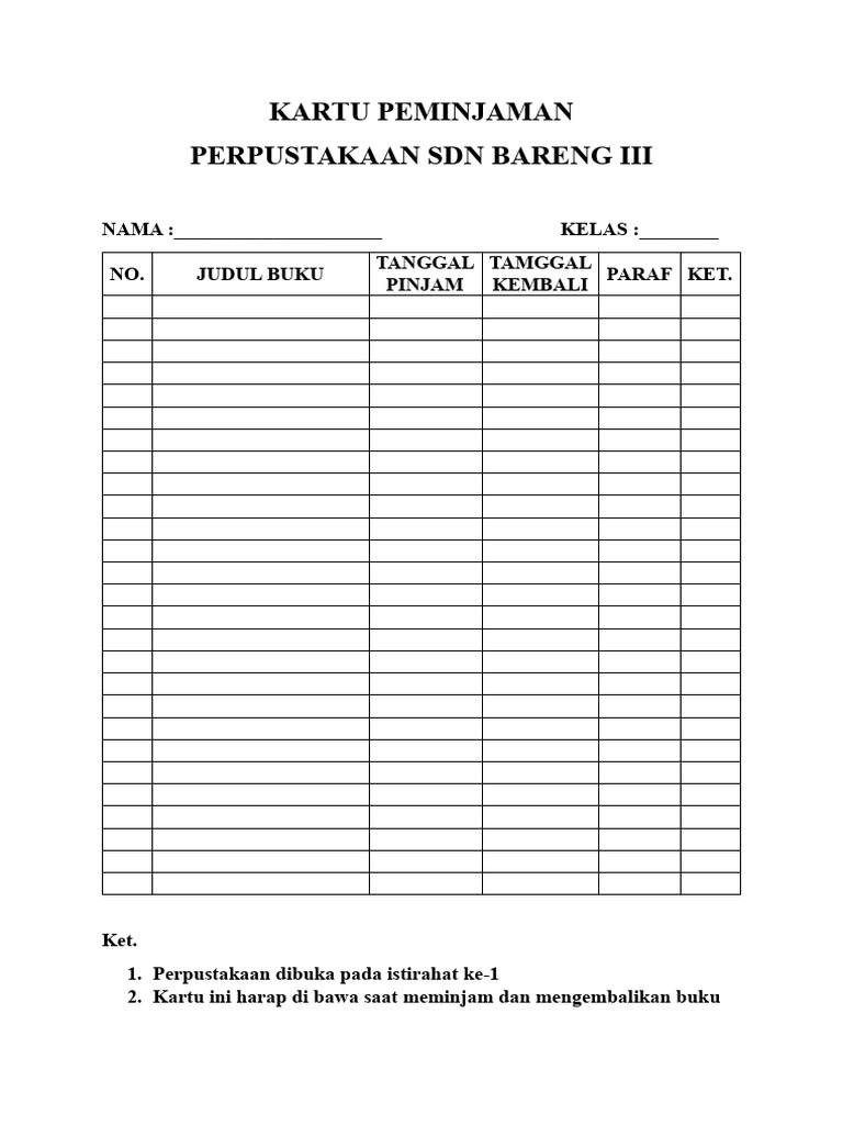 Kartu Peminjaman Perpustakaan SDN Bareng III | PDF