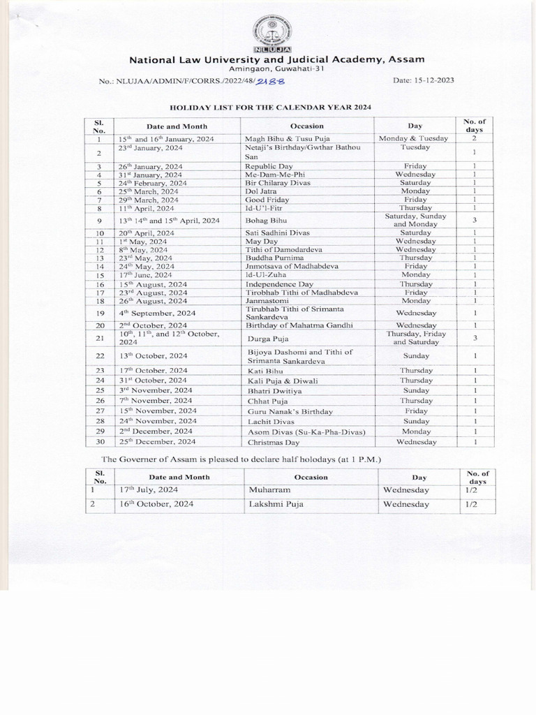 Holiday List 2024 | PDF