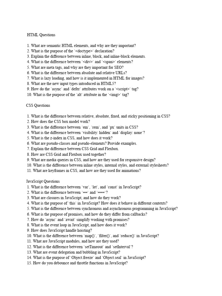 Interview Questions | PDF | Html Element | Html