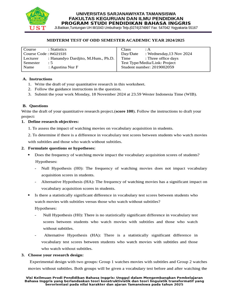 HD - Statistics - MIDTERM TEST ODD SEMESTER 2024-2024 202411 | PDF ...